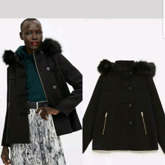 Zara | Jackets & Coats | Zara Black Hooded Three Quarter Length Coat ...